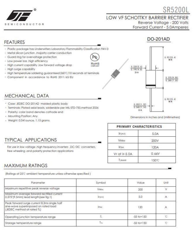 SR540L/SR545L/SR560L/SR580L/SR5100L/SR5150L/SR5200L 5A Current Low Vf Schottkky Diode with DO-201AD Package