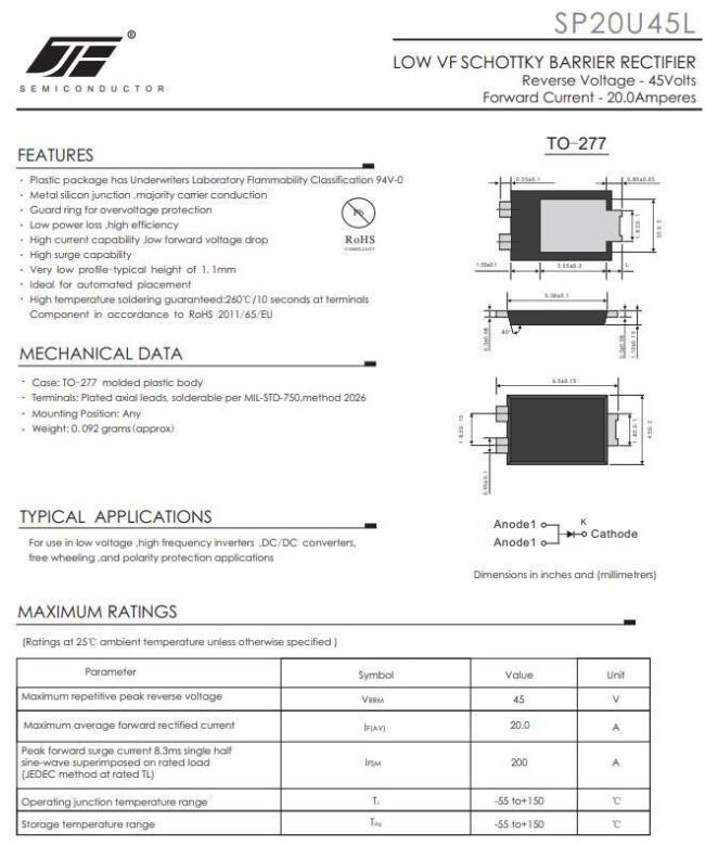 SP20U45L/SP20U60L/SP20U80L/SP20U100L/SP20U100SL Series 20A Low Vf Schottky Diode with TO-277 Package