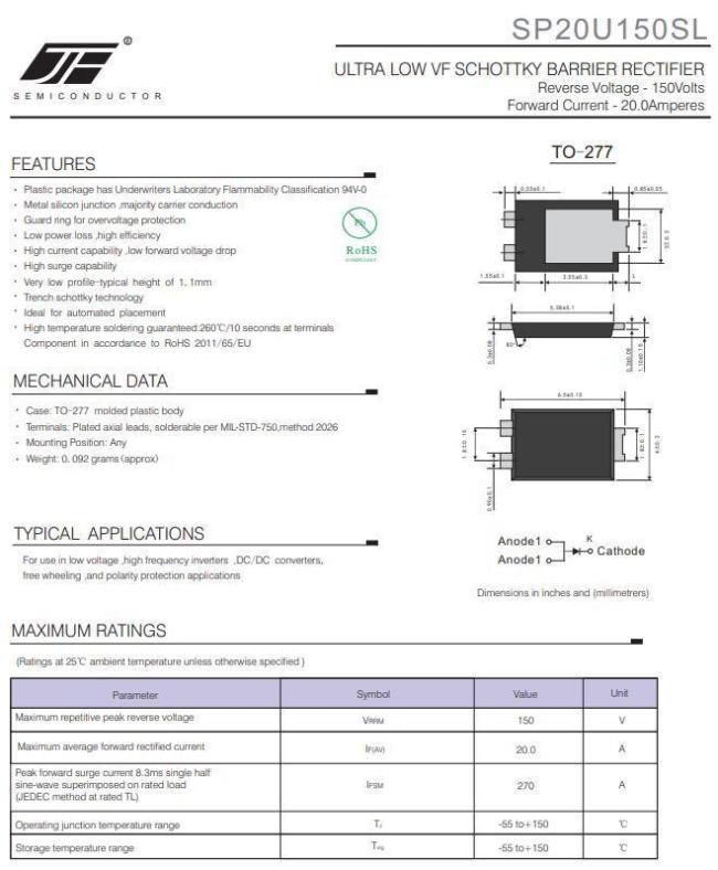 SP20U45L/SP20U60L/SP20U80L/SP20U100L/SP20U100SL Series 20A Low Vf Schottky Diode with TO-277 Package