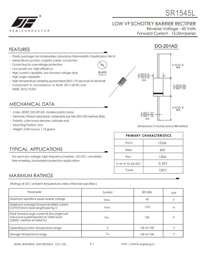 SR1045L/SR1060L/SR1080L/ SR15100L LOW VF SCHOTTKY DIODE WITH DO-201AD PACKAGE
