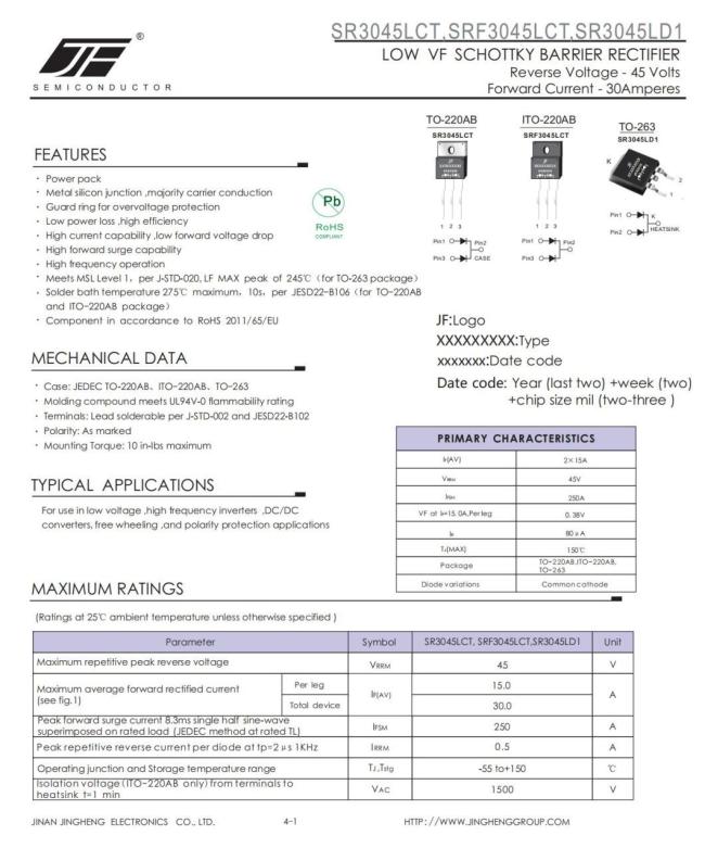 SR3045LCT/SR3060LCT/SR3080LCT/SR30100LCT/SR30120LCT/SR30150LCT/SR30200LCT LOW VF SCHOTTKY DIODE WITH ITO-220AB PACKAGE