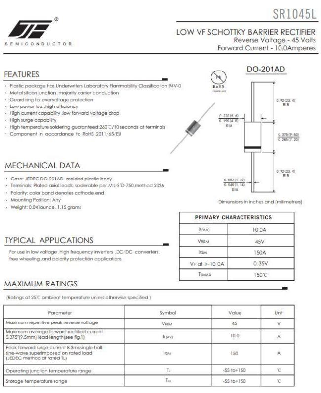 SR1045L/SR1050L/SR1060L/SR1080L/SR10100SL SCHOTTKY DIODE WITH DODO-201AD PACKAGE