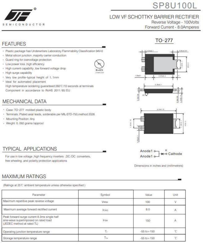 SP8U100L LOW VF SCHOTTKY DIODE WITH TO277 PACKAGE