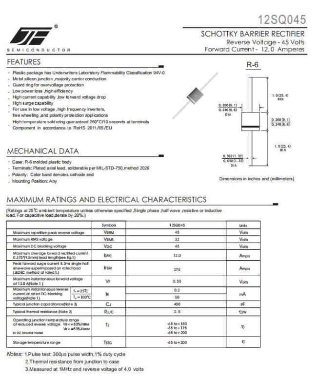 Photovoltaic Schottky Barrier Rectifier 10SQ050/12SQ045/15SQ045/20SQ045/25SQ045/30SQ045 Solar Bypass Diode usd in PV Box with R-6 Package