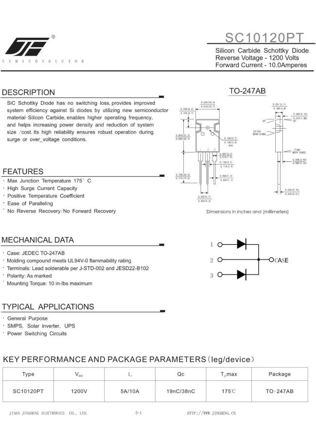 SC10120PT 10A/1200V SILICON CARBIDE (SIC) SCHOTTKY DIODE WITH TO-247AB PACKAGE