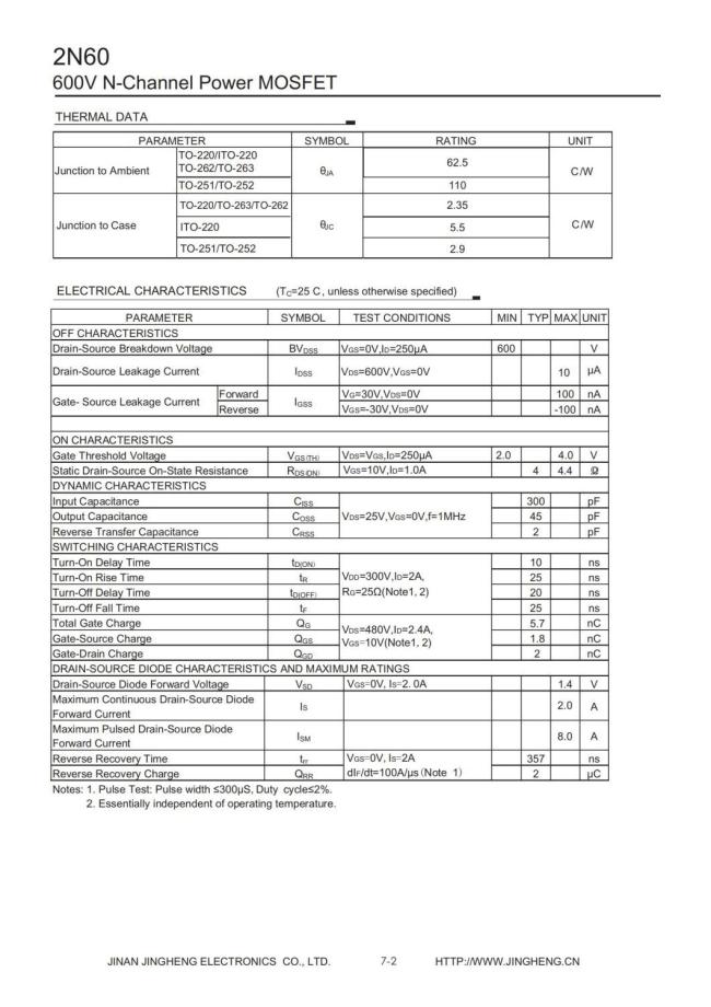 2N60/4N60/4NE60/6N60/7N60/8N60/10N60/12N60 PLANER N-CHANNEL MOSFET WITH TO-220AB CASE