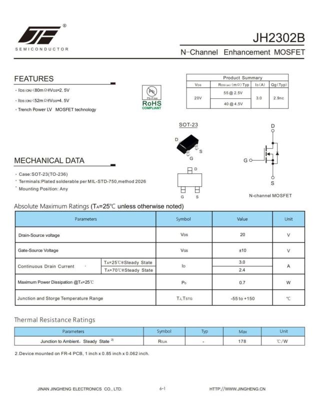 SMD N-CHANNEL MOSFETS JH2302B WITH SOT-23 PACKAGE