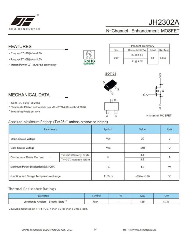 N-Channel Enhancement MOSFET JH2302A With SOT-23 Package