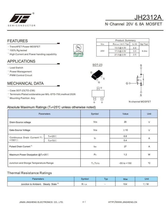 N-Channel 20V 6.8A MOSFET JH2312A WIth SOT-23 Package