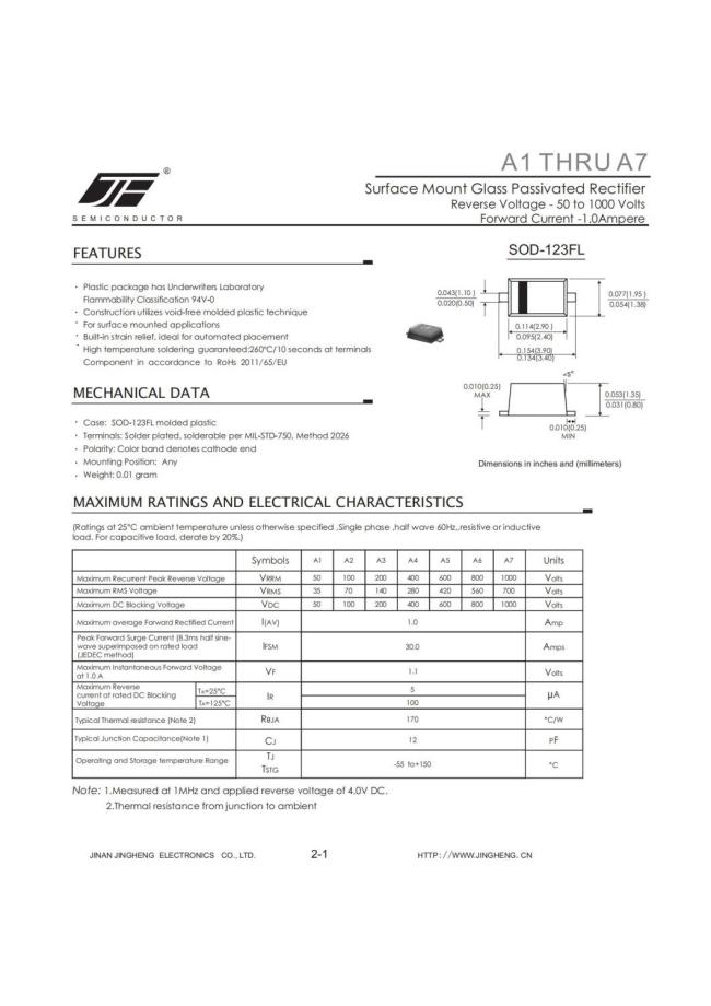 A1/A2/A4/A5/A6/ A7 SERIES 1A GENERAL PURPOSE PLASTIC RECTIFIER DIODE WITH SOD-123 PACKAGE