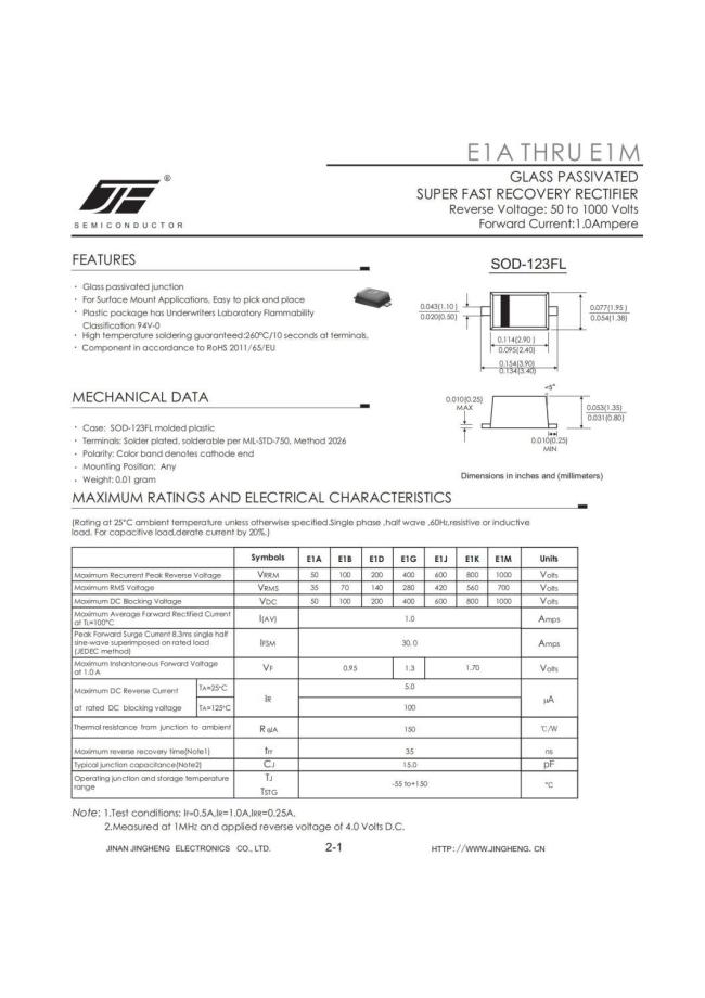E1A/E1D/E1G/E1J SUPER FAST RECOVERY DIODE WITH SOD123 PACKAGE