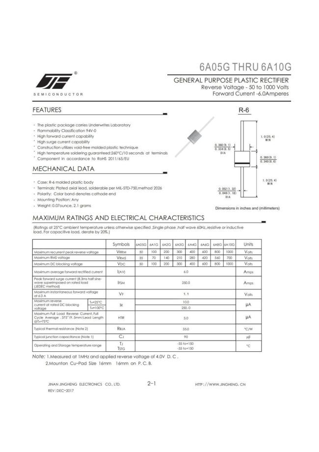 6A05G/6A2G/6A4G/6A6G/6A8G/6A10G GPP CHIP GENERAL PURPOSE RECTIFIER DIODE WITH R6 CASE