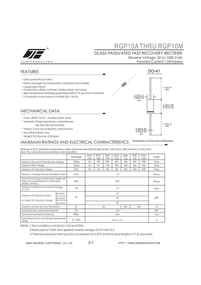 RGP10A RGP10M FAST RECOVERY RECTIFIERS DIODE WITH DO-41 PACKAGE