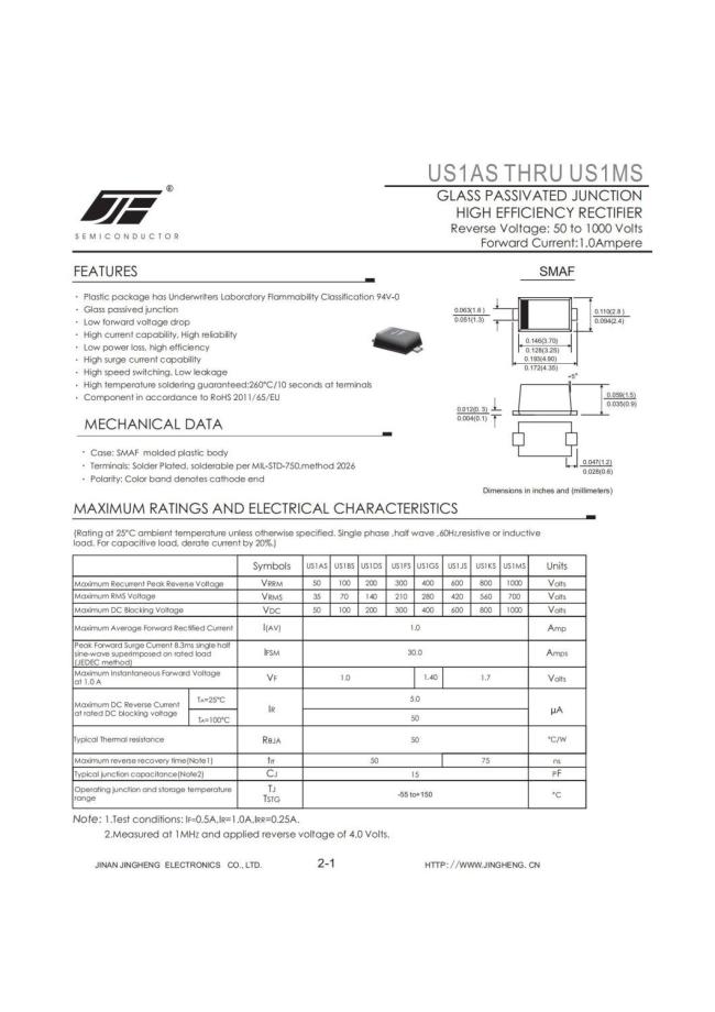 US1AS/US1DS /US1GS /US1JS /US1KS /US1MS GLASS PASSIVATED JUNCTIONHIGH EFFICIENCY RECTIFIER DIODE WITH SMAF PACKAGE