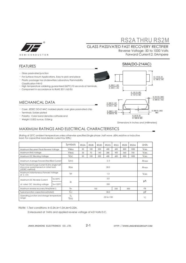 RS2A RS2M FAST REVOVERY DIODE WITH SMA PACKAGE