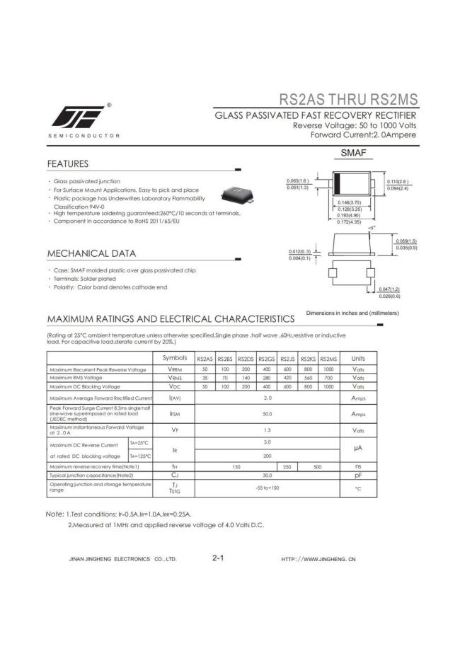 RS2DS RS2JS RS2MS FAST RECOVERY DIODE WITH SMAF PACKAGE