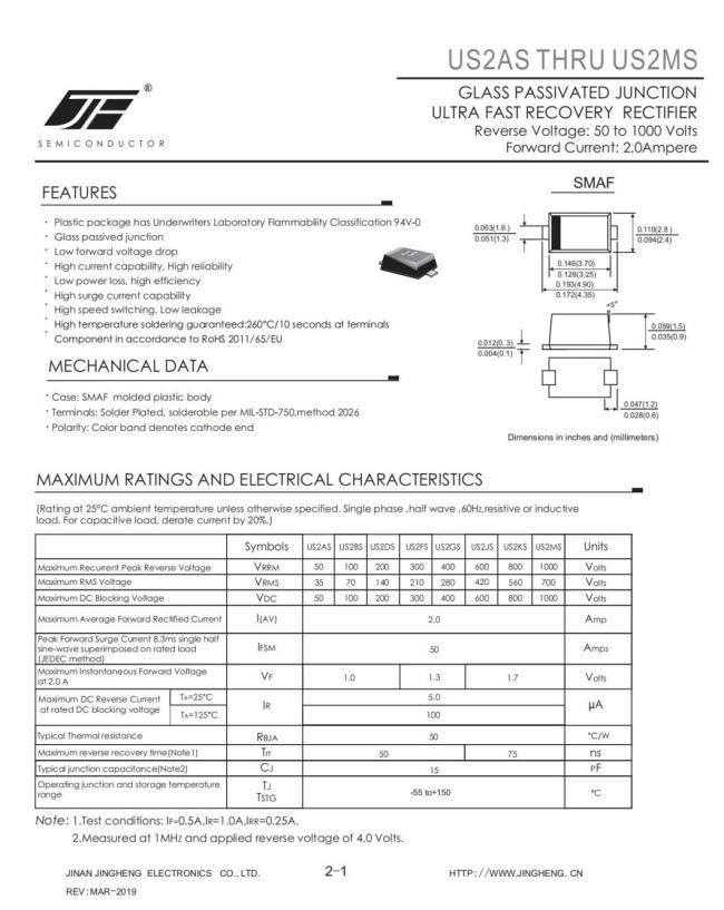 US2AS/US2DS /US2GS /US2JS /US2KS/US2MS GLASS PASSIVATED ULTRA FAST RECOVERY RECTIFIER DIODE