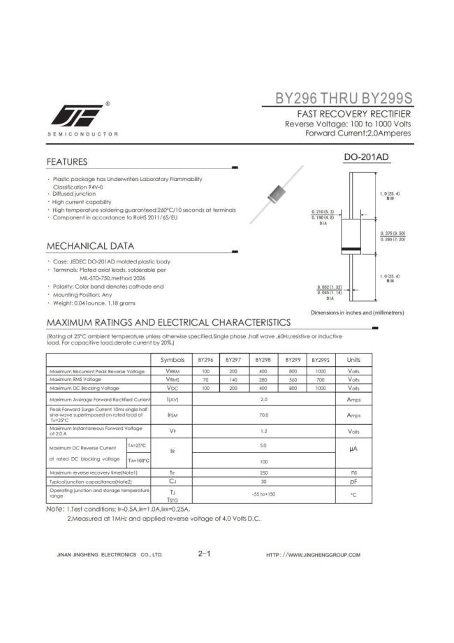 BY299 BY286 FAST RECOVERY DIODE WITH DO-201AD PACKAGE