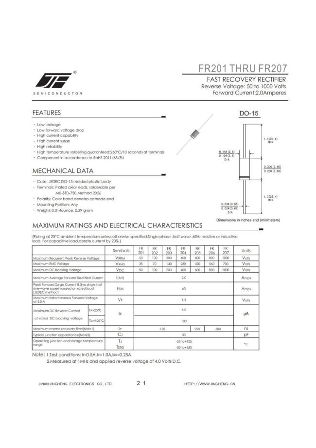 FR207 FR205 FAST RECOVERY DIODE WITH DO-15 PACKAGE