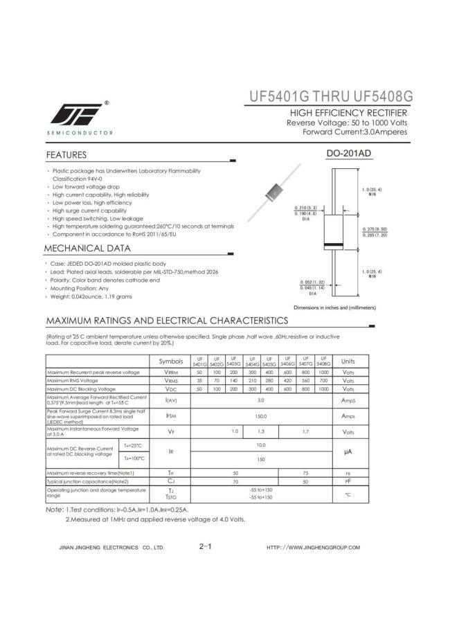 UF5401G/UF5402G/UF5403G/UF5404G/UF5405G/UF5406G/UF5407G 3Amps HIGH EFFICIENCY RECTIFIER DIODE WITH DO-27/DO-201AD PACKAGE