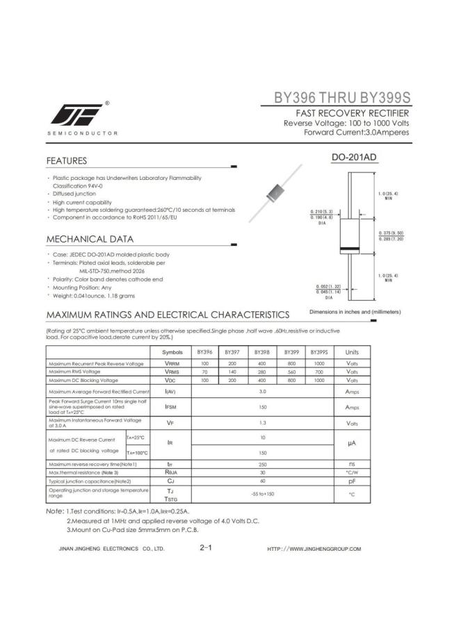 BY399 BY398 FAST RECOVERY DIODE WITH DO-201AD