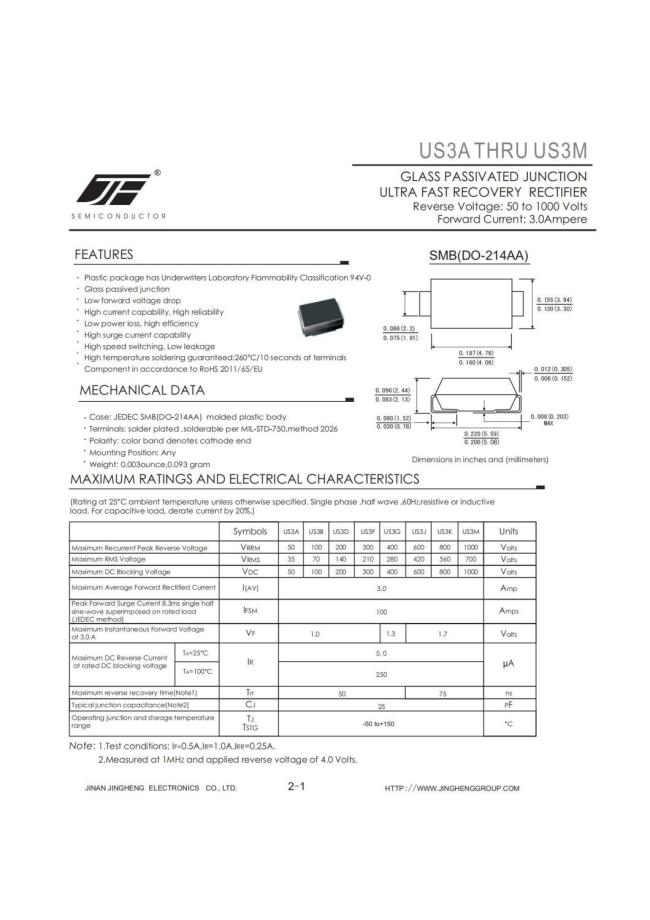 US3A/US3D/US3G/US3J/US3K/US3M 3AMPS GLASS PASSIVATED JUNCTIONULTRA HIGH EFFICIENCY RECTIFIER DIODE WITH DO-214AA PACKAGE