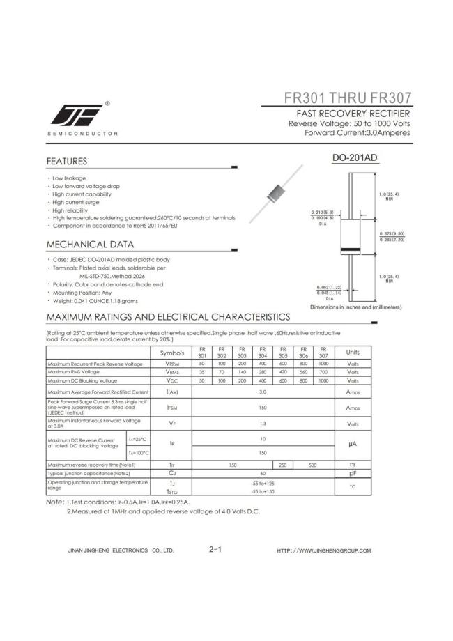 FR301 FR307 FAST RECOVERY DIODE WITH DO-201AD