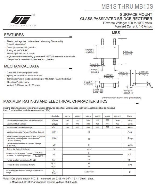MB6S 1A/600V MBS Package Bridge Rectifier
