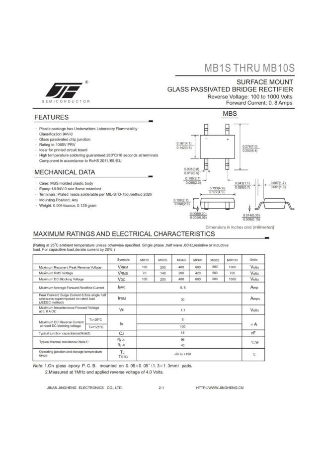 MB1S THRU MB10S SURFACE MOUNTGLASS PASSIVATED BRIDGE RECTIFIER DIODE WITH MBS PACKAGE