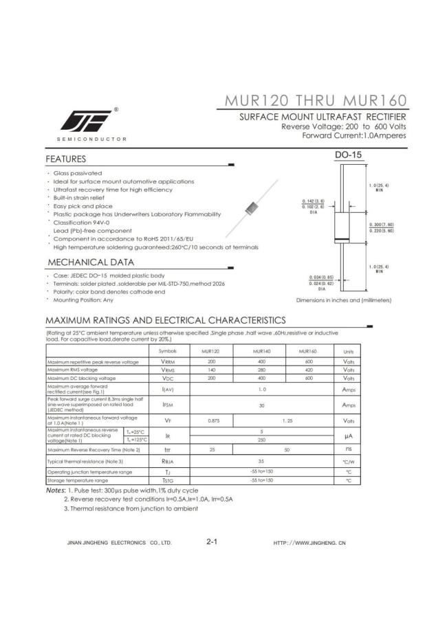 MUR120/MUR140/MUR160 SUPER FAST RECOVERY DIODE WITH DO-15 PACKAGE