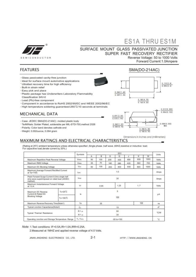 ES1A/ES1D/ES1G/ES1J/ES1K/ES1M SUPER FAST RECOVERY DIODE WITH SMA PACKAGE