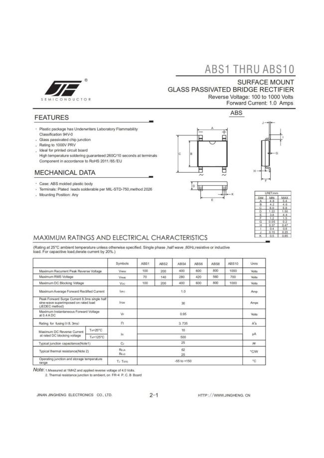 ABS2 THRU ABS10 SURFACE MOUNT GLASS PASSIVATED BRIDGE RECTIFIER DIODE WITH ABS