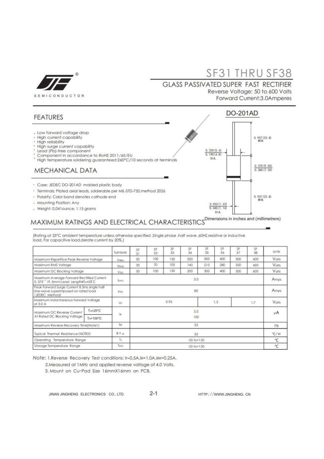 SF31/SF34 /SF36 /SF37 /SF38 SUPER FAST RECTIFIER DIODES WITH DO-201AD PACKAGE