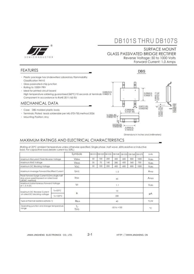 DB101S THRU DB107S GLASS PASSIVATED BRIDGE RECTIFIER DIODE WITH DBS PACKAGE