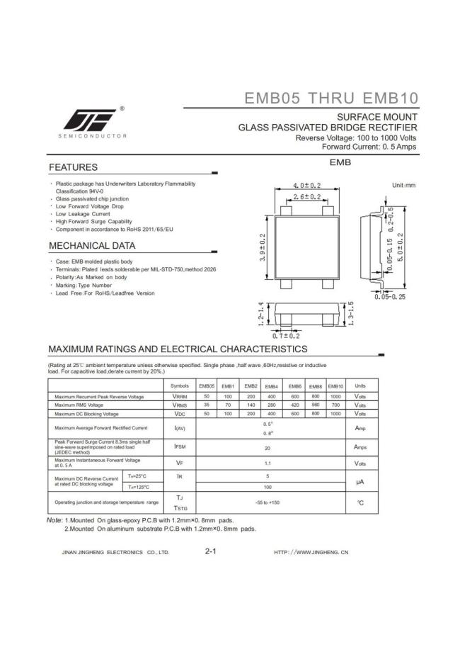 EMB05 THRU EMB10 SURFACE MOUNTGLASS PASSIVATED BRIDGE RECTIFIER DIODE WITH EMB PACKAGE