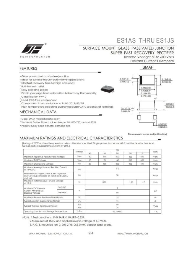 ES1AS/ES1DS/ES1GS/ES1JS SUPER FAST RECOVERY DIODE WITH SMAF PACKAGE