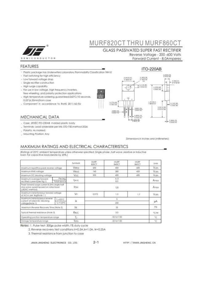MURF820/MURF840/MURF860/MURF880/MURF8120 SUPER FAST RECTIFIER DIODE WITH ITO-220AC PACKAGE