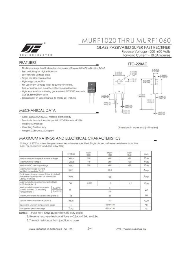 MURF1020/MURF1040/MURF1060 SUPER FAST RECTIFIER DIODE WITH ITO-220AC PACKAGE