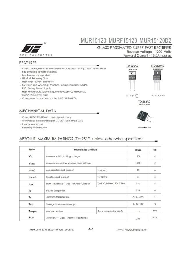 MURF1520/MURF1560/MURF15120 SUPER FAST RECTIFIER DIODE WITH ITO-220AC OUTLINE