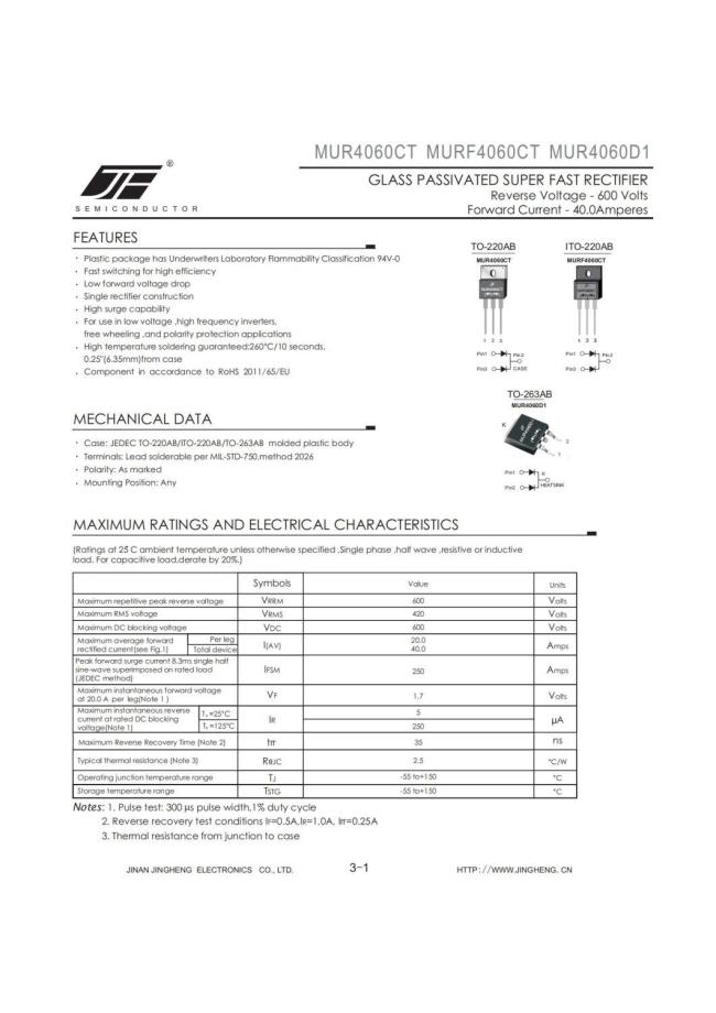 MURF4020CT/MURF4040CT/MURF4060CT 40A CURRENT SUPER FAST RECTIFIER DIODE WITH ITO-220AB CASE