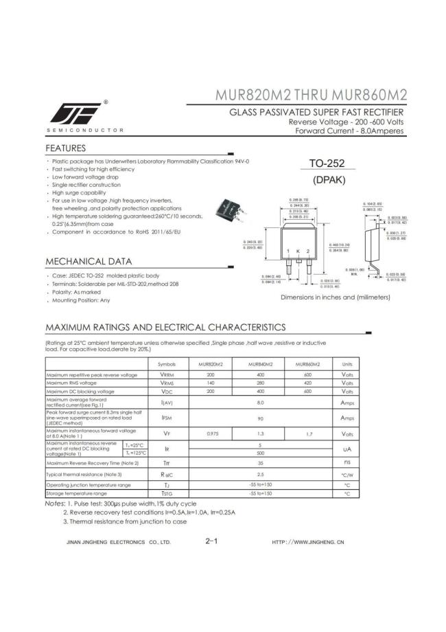 MUR820M2/MUR840M2/MUR860M2/MUR880M2/MUR8120M2 8A CURRENT SUPER FAST RECTIFIER DIODE WITH TO-252 CASE