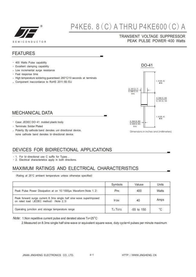P4KE6.8A THRU P4KE440A 400W SERIES TRANSIENT VOLTAGE SUPPRESSORS TVS DIODE WITH DO-41 PACKAGE