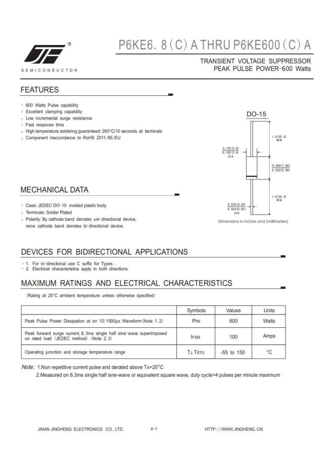 P6KE6.8CA THRU P6KE600CA 600W SERIES TRANSIENT VOLTAGE SUPPRESSORS TVS DIODE WITH DO-15 PACKAGE