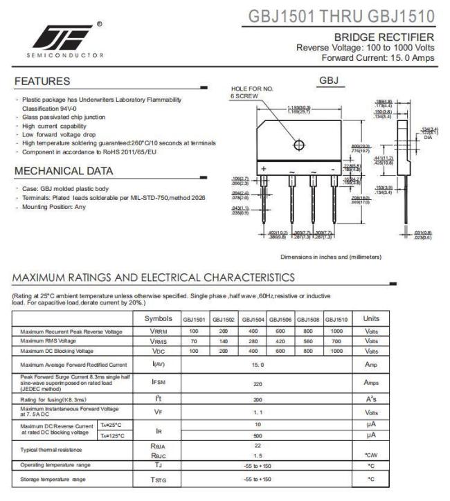 GBJ1510 BRIDGE RECTIFIER DIODE WITH 15A CURRENT 1000V VOLTAGE