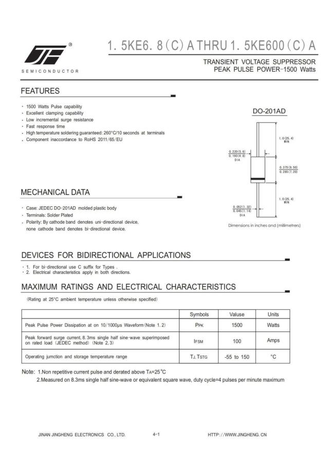 1.5KE6.8A THRU 1.5KE440A SERIES 1500W TRANSIENT VOLTAGE SUPPRESSORS TVS DIODE WITH DO-201AD PACKAGE
