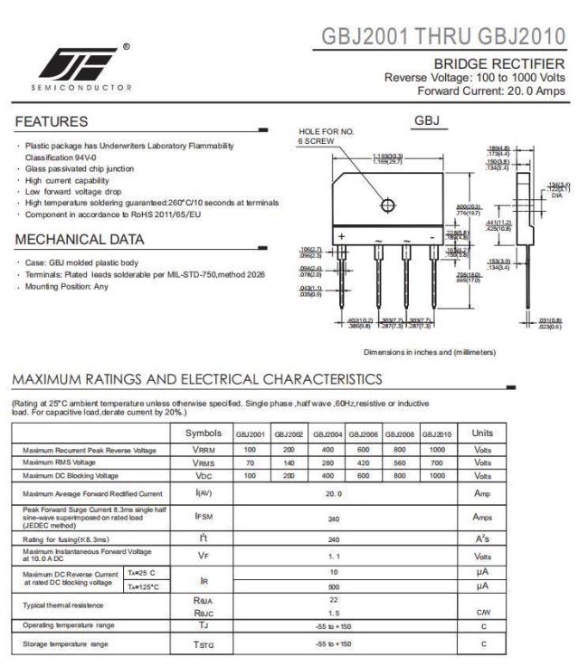 GBJ2008 20A/800V BRIDGE RECTIFIER WITH 6KBJ PACKAGE