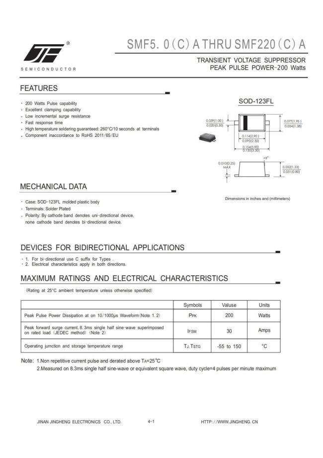 SMF5.0CA THRU SMF220CA TRANSIENT VOLTAGE SUPPRESSORS TVS DIODE WITH SOD-123FL PACKAGE