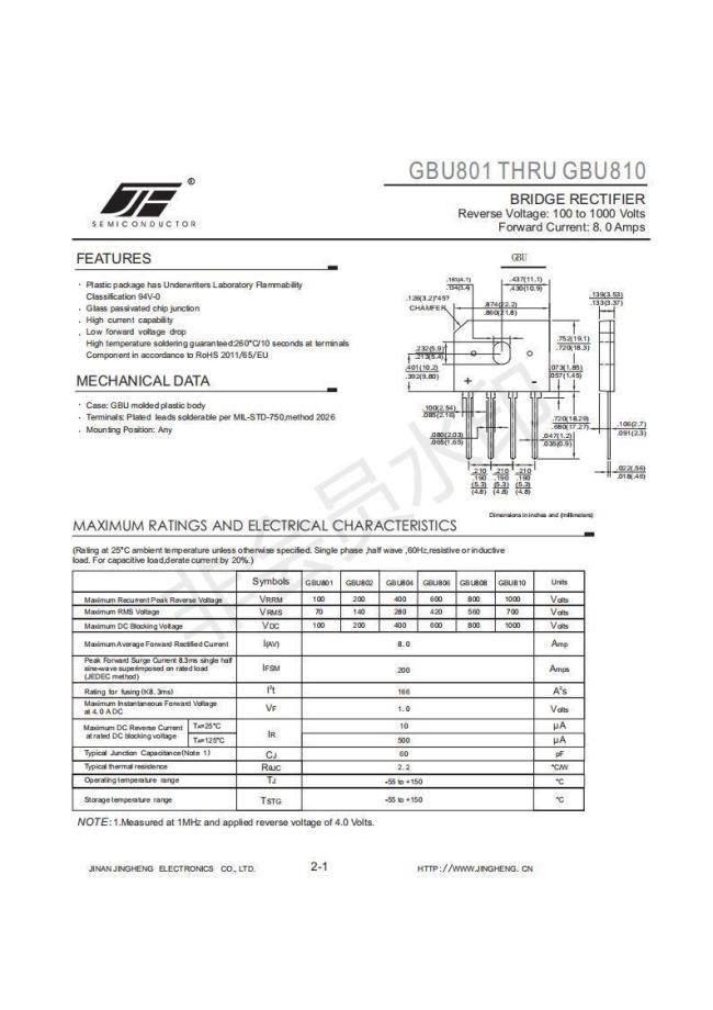 GBU808 8A/800V BRIDGE RECIFIER DIODE WITH JF BRAND