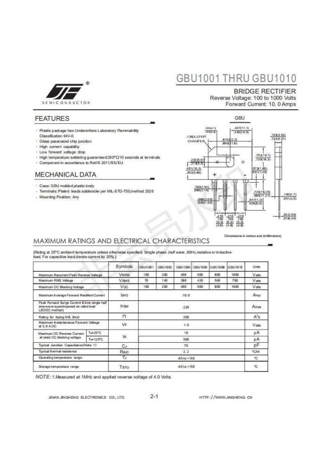 GBU1008 10A/800V BRIDGE RECTIFIER WITH GBU PACKAGE