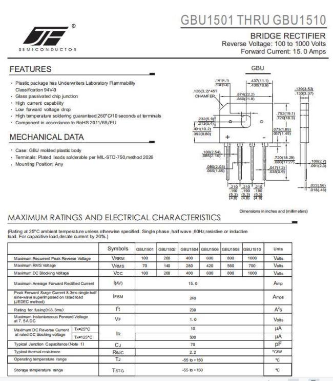 GBU1508 15A/800V BRIDGE RECTIFIER WITH GBU PACKAGE